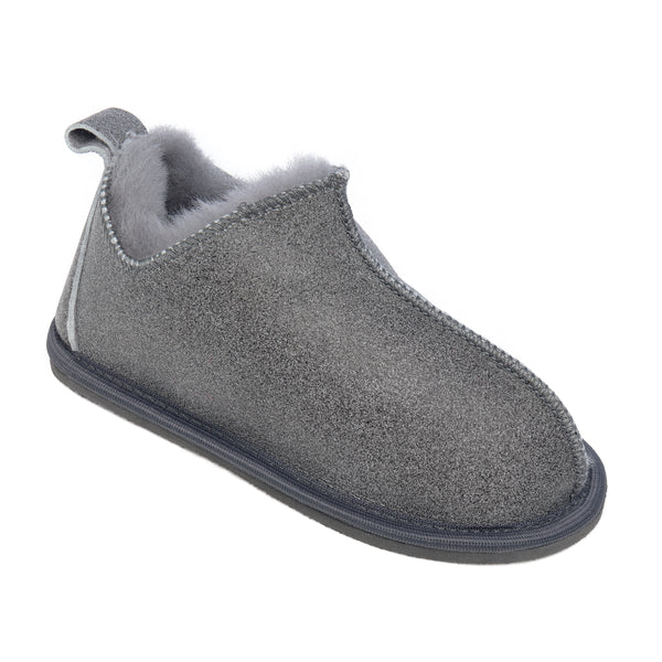 Kids Alpin Sheepskin Slippers - Grey Distressed Leather - CIORA SCOTLAND