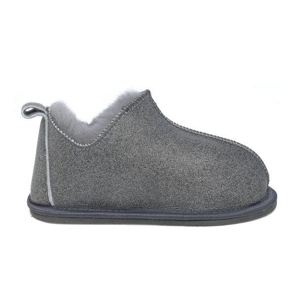 Kids Alpin Sheepskin Slippers - Grey Distressed Leather - CIORA SCOTLAND